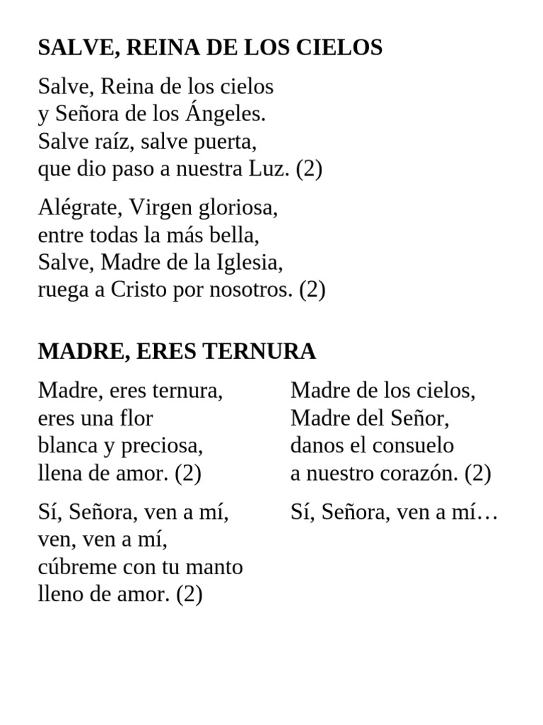 Salve, Reina de Los Cielos - Madre, Eres Ternura (Letra Grande) | PDF