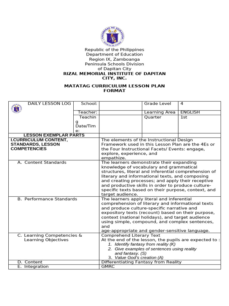 Matatag LP Format | PDF | Reading Comprehension | Curriculum