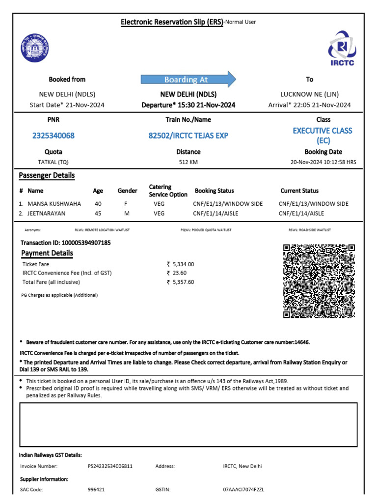 82502/irctc Tejas Exp Executive Class (EC) | PDF | Identity Document ...