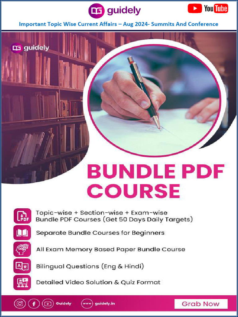 Important Topic Wise Current Affairs Aug 2024-Summits and Conference | PDF