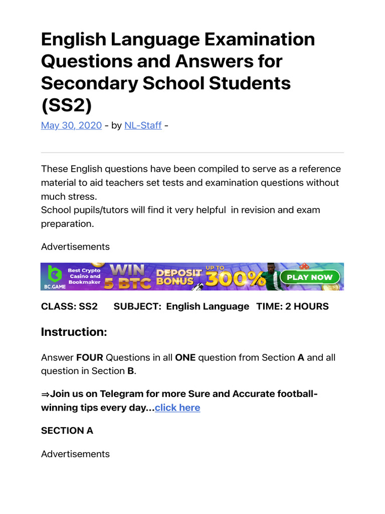 English Language Examination Questions and Answers For Secondary School ...