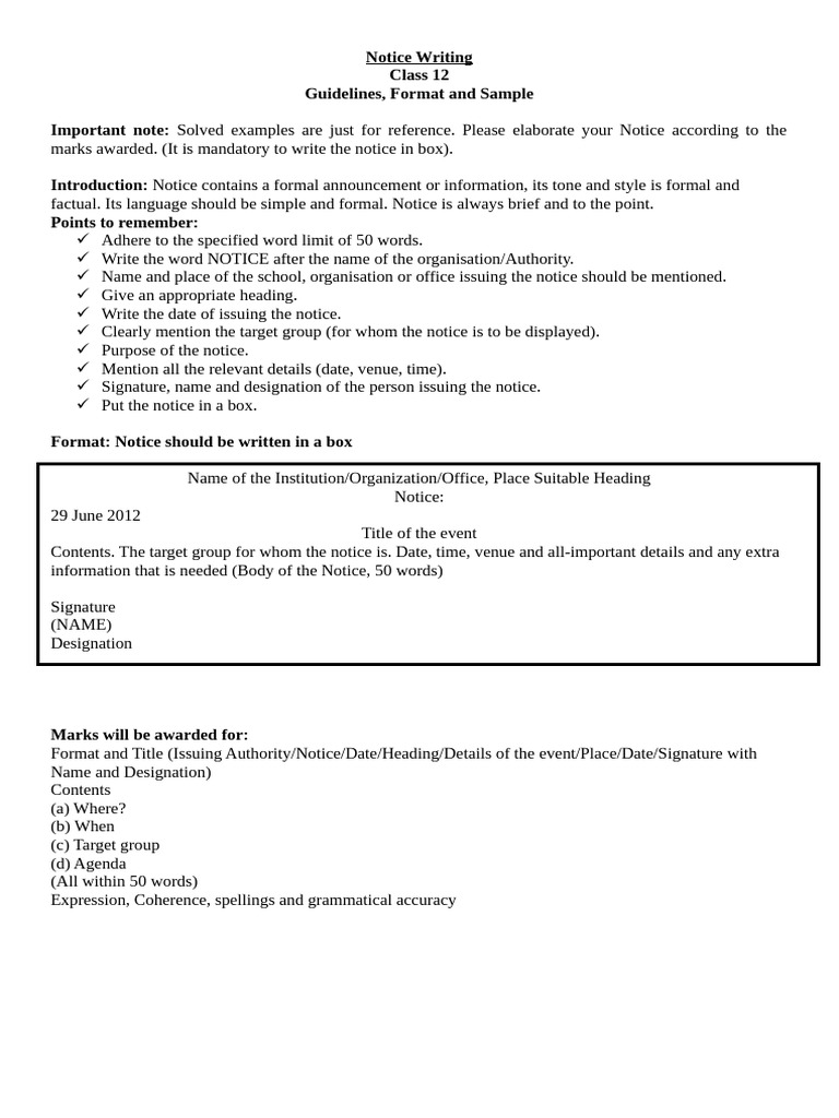 Notice Writing Class 12 | PDF