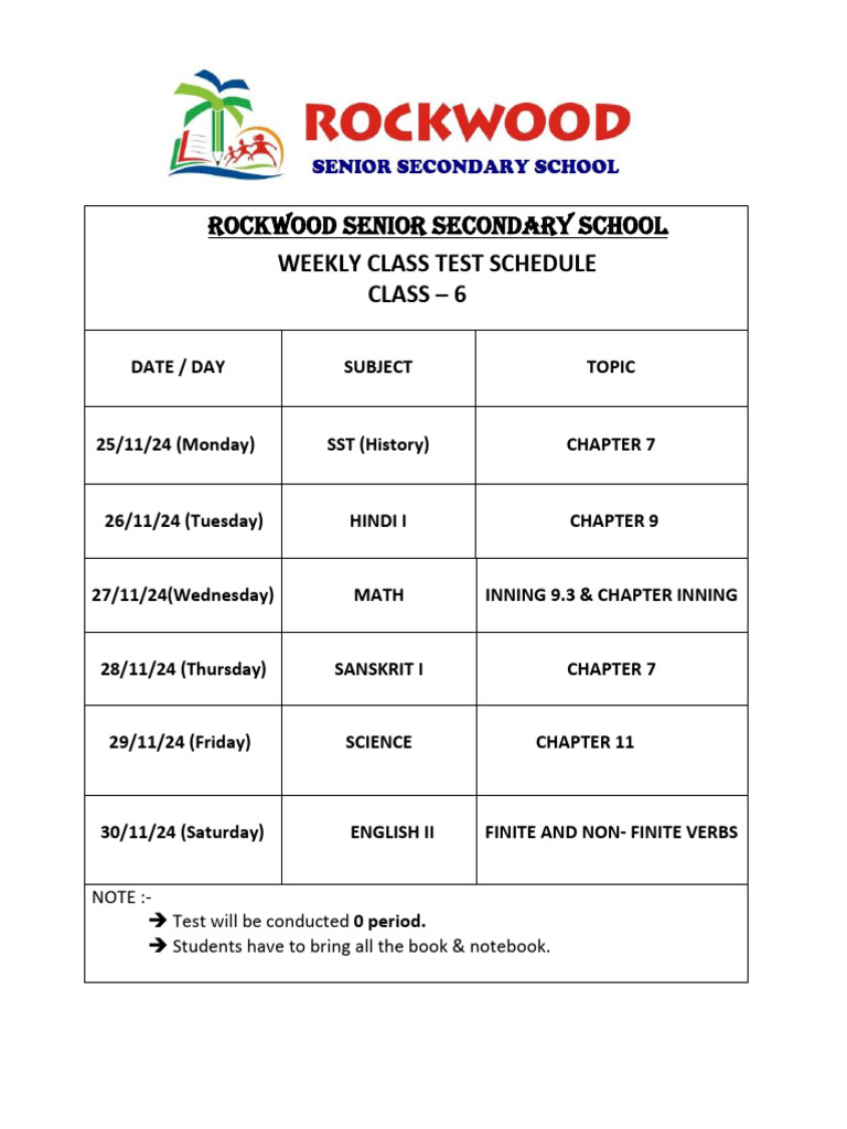 Class 6 Weekly Test Schedule 2024 | PDF