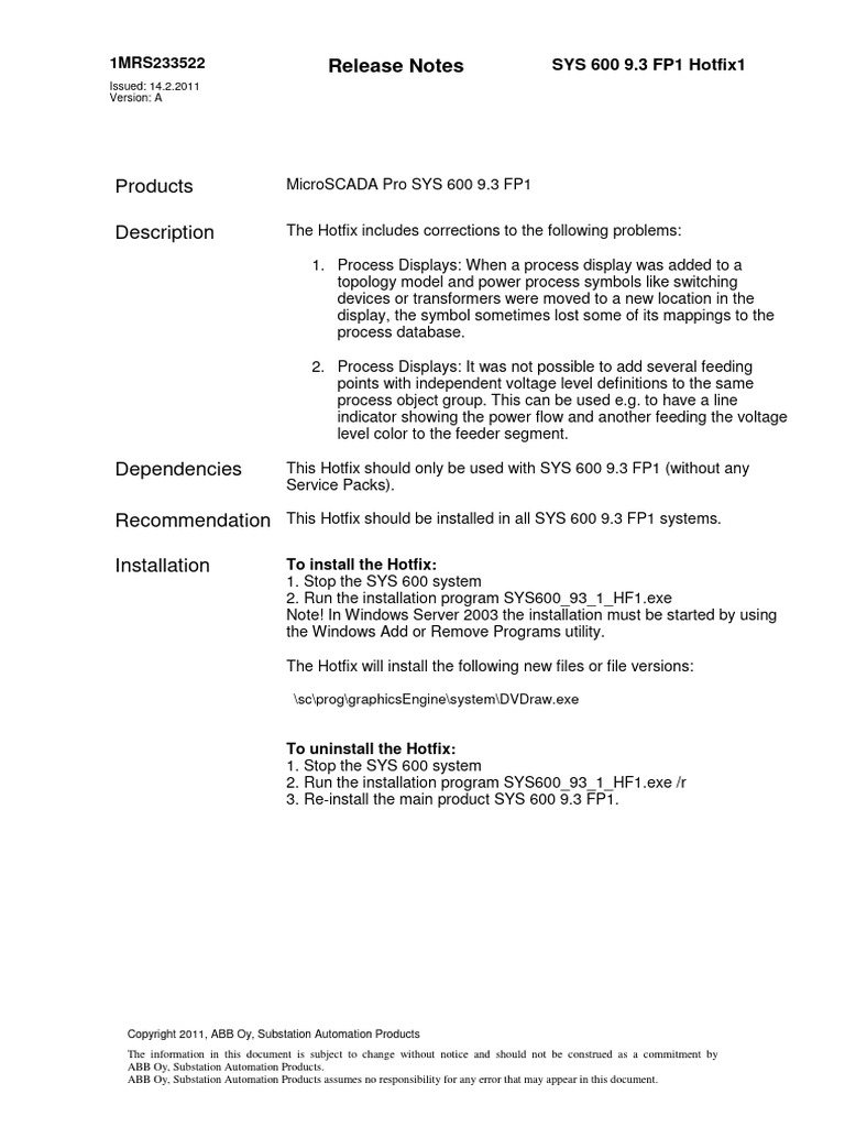 SYS 600 9.3 FP1 HF1 Release Notes | PDF | Electrical Substation ...
