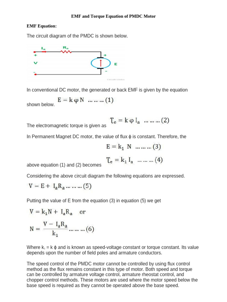 PMDC Motor EMF and Torque Equations | PDF