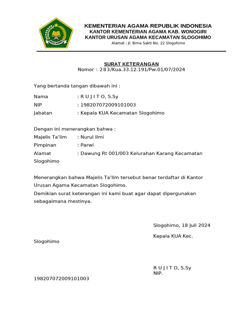 Surat Keterangan Majlis Taklim | PDF