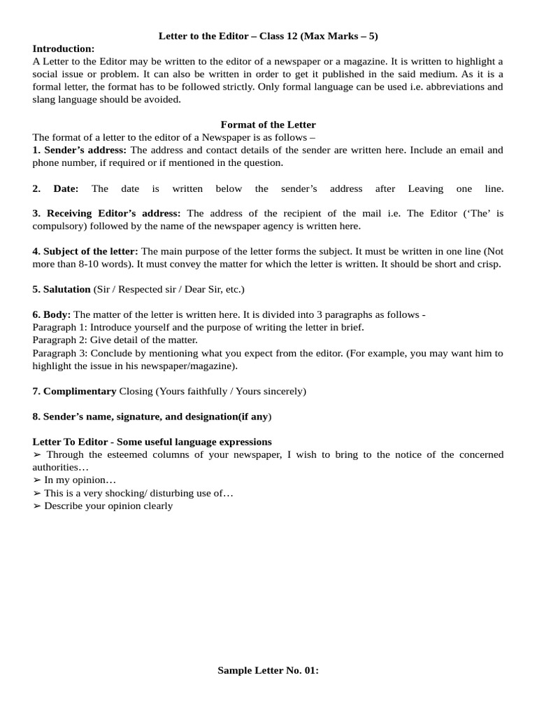Class 12 Letter to Editor Guide | PDF