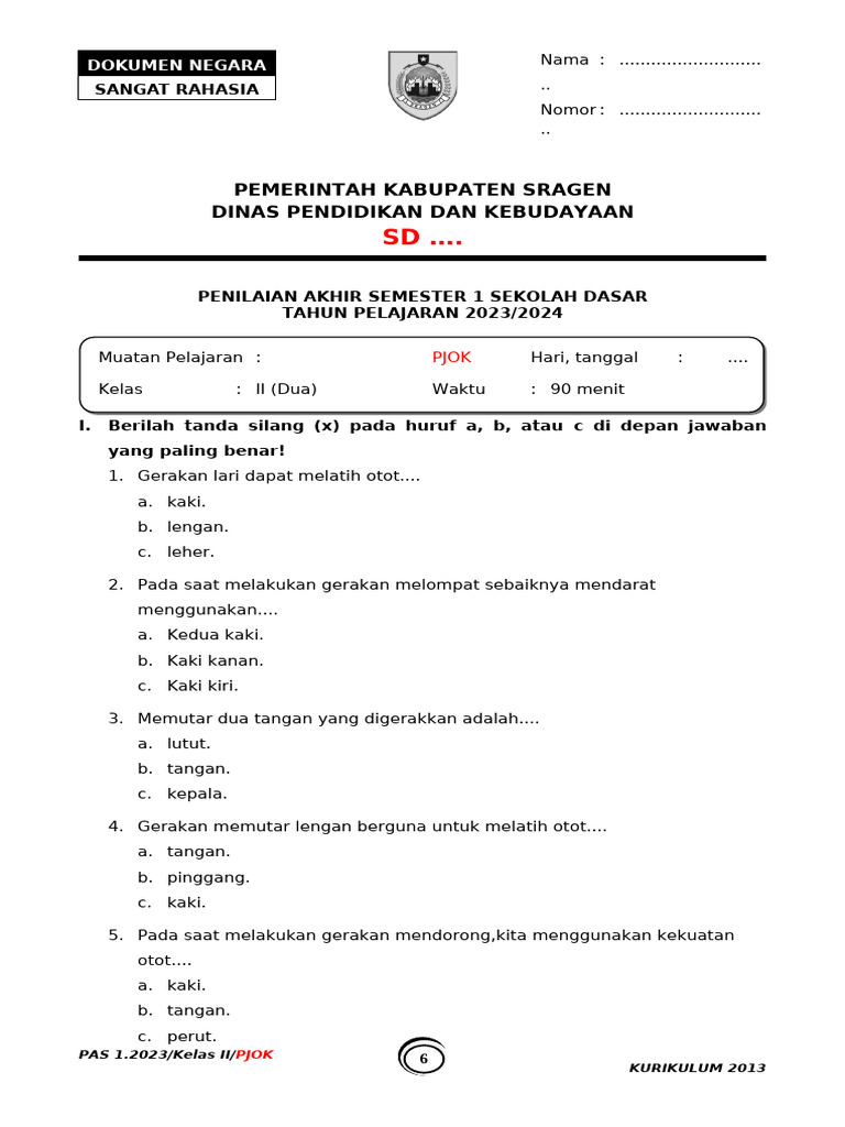 Soal Pjok Kelas 2 SMT 1.. | PDF
