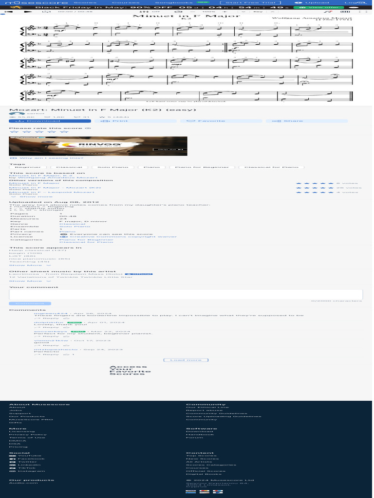 Mozart Minuet in F Major (K2) (Easy) Sheet Music For Piano (Solo) | PDF ...