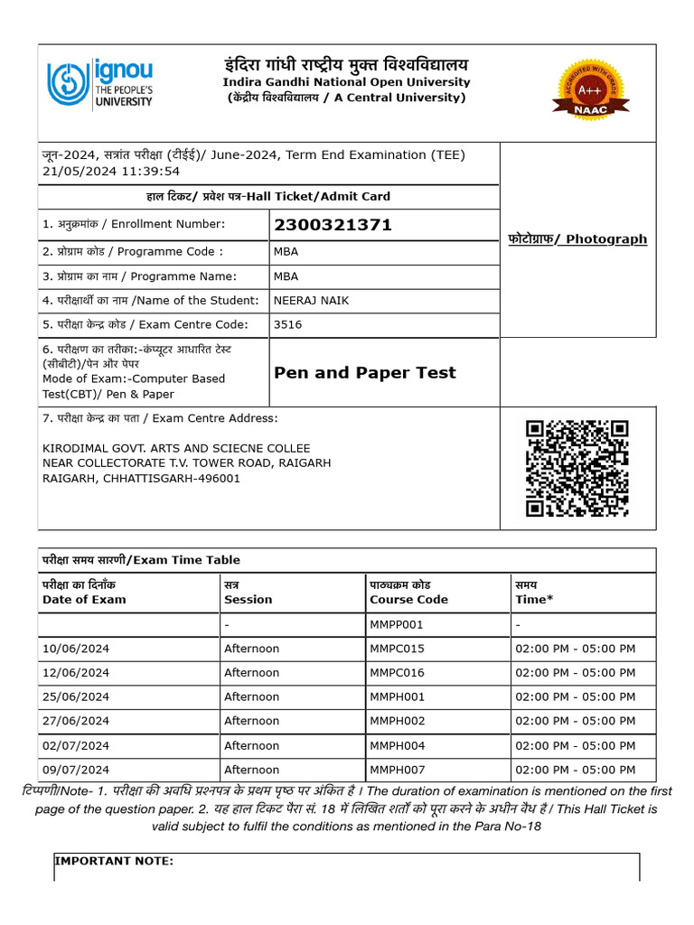IGNOU June-2024: HALL TICKET/ADMIT CARD | PDF