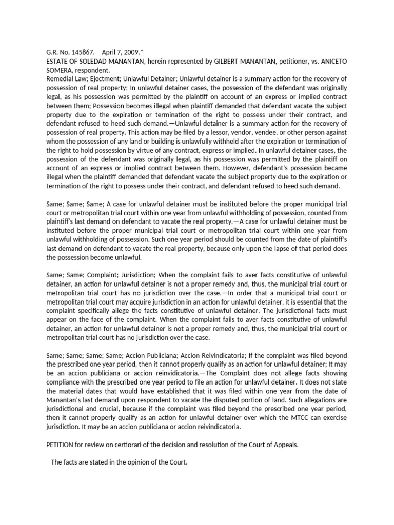 Estate of Soledad Manantan vs. Somera | PDF | Lawsuit | Complaint