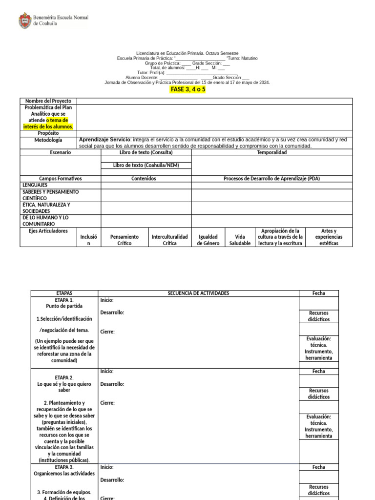 4.aprendizaje Servicio. Formato de Planeación. Plan de Estudios 2022 | PDF | Plan de estudios ...