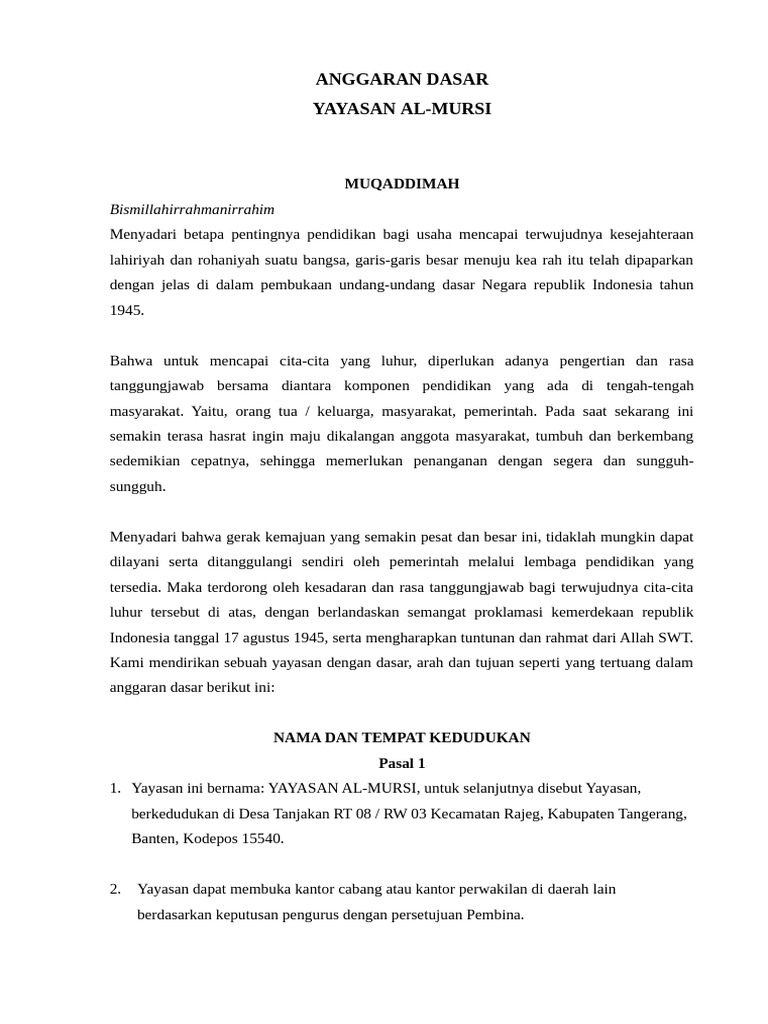 Anggaran Dasar Dan Rumah Tangga Al-Mursi | PDF