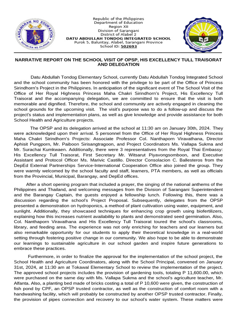 Datu Abdullah Tondog OPSP Visit Narrative Report | PDF