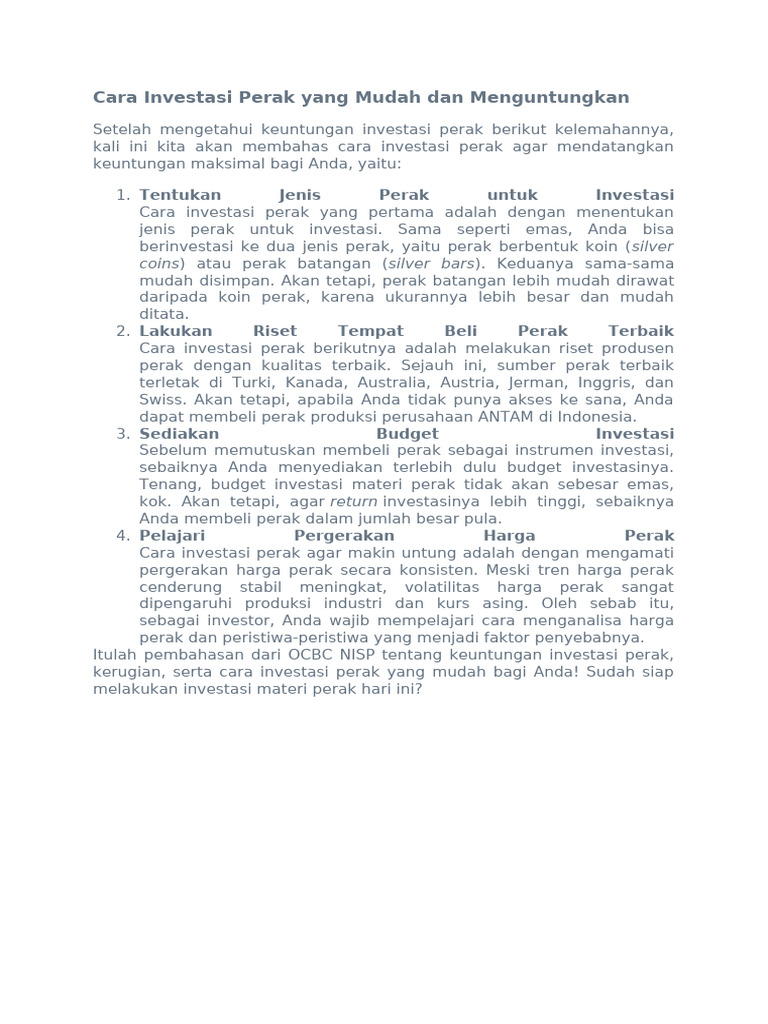Cara Investasi Perak Yang Mudah Dan Menguntungkan | PDF