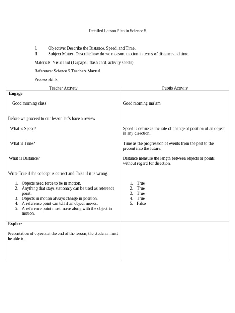 Science 5 Lesson Plan: Motion Concepts | PDF