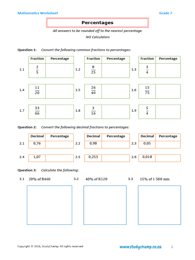 Gr7 Maths Ws Percentages | PDF | Elementary Mathematics | Mathematics