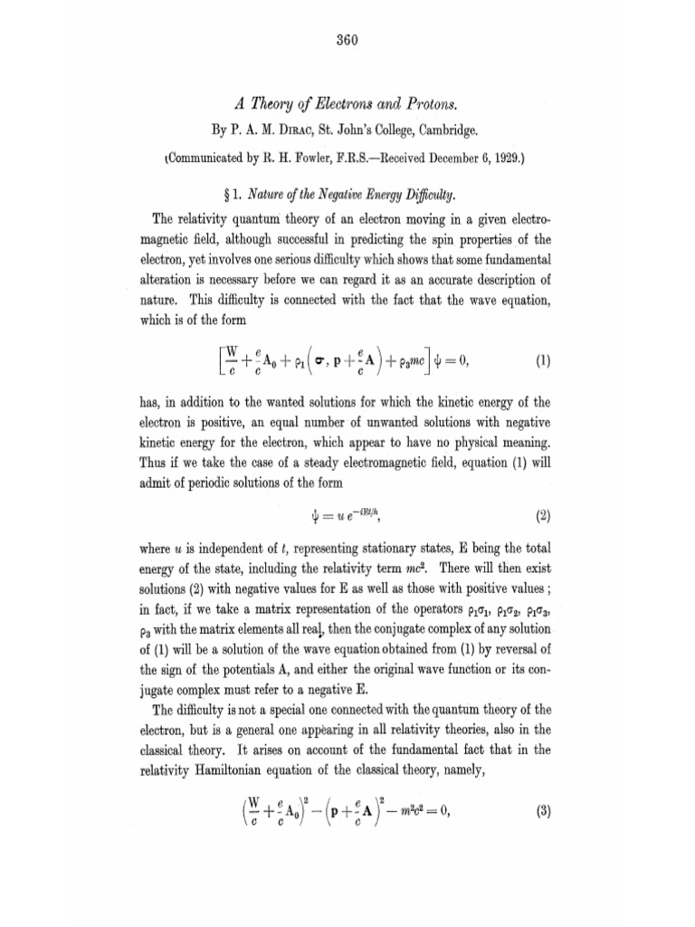 A Theory of Electrons and Protons | PDF