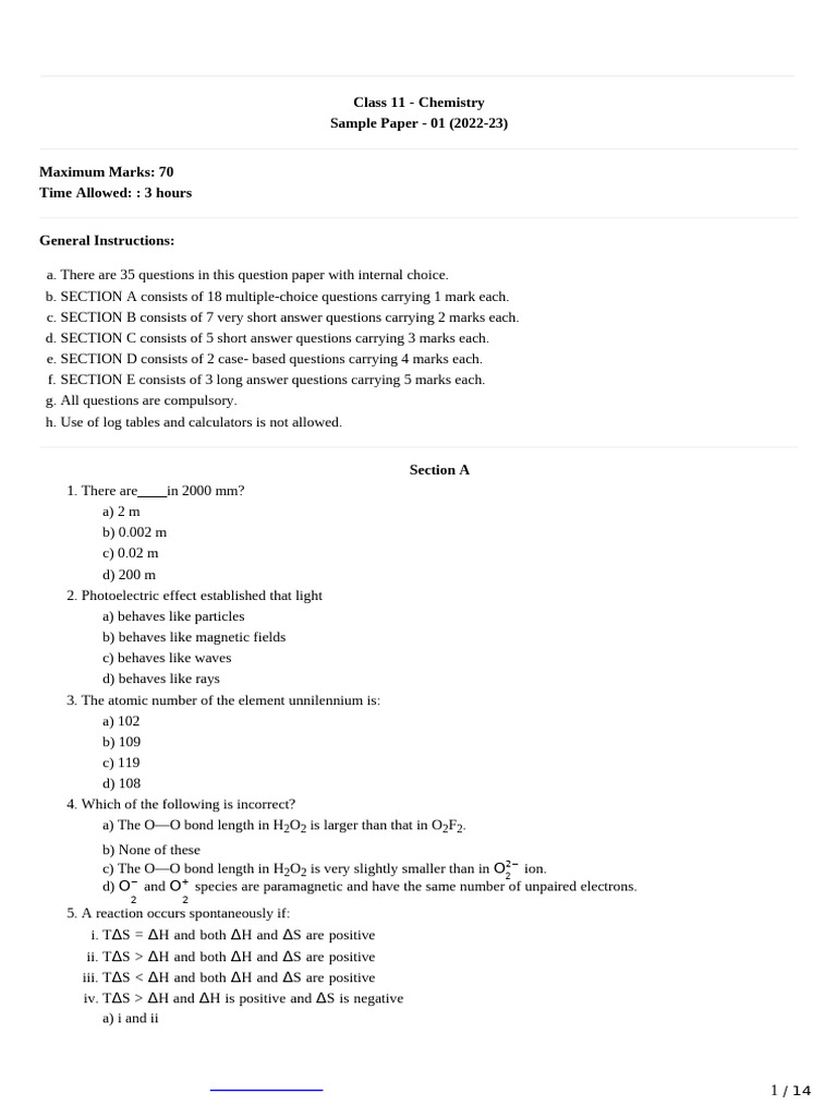 11 Chemistry Sample Paper 01 | PDF | Chemical Reactions | Gibbs Free Energy