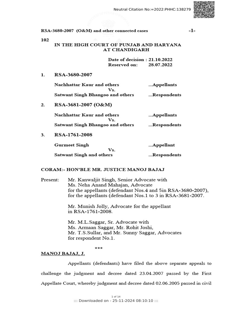 Nachhattar Kaur v. Satwant Singh Bhangoo | PDF | Lawsuit | Will And ...