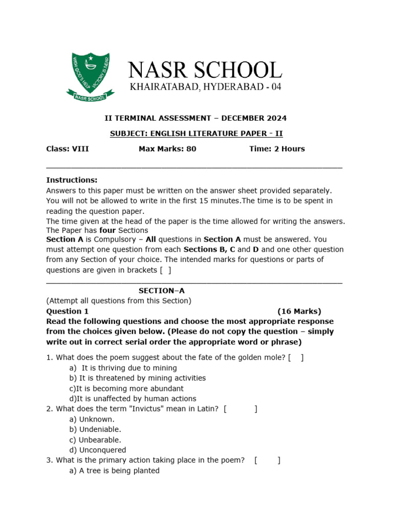 Class 8 English Literature Term 2 Sample Paper | PDF | Dr. Watson | Les ...