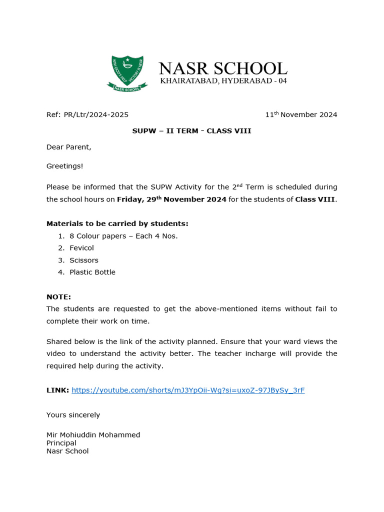 Parent Letter SUPW Class VIII Paper Craft | PDF