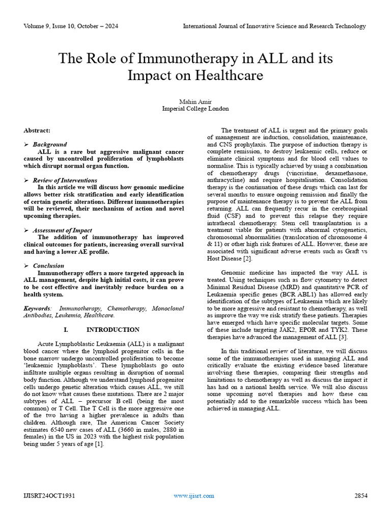 The Role of Immunotherapy in ALL and Its Impact On Healthcare | PDF ...