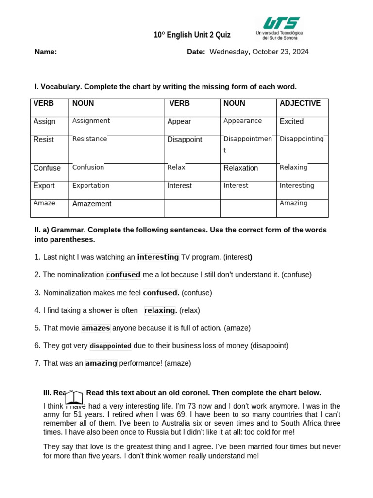U2 Quiz | PDF | Adjective | Semantic Units