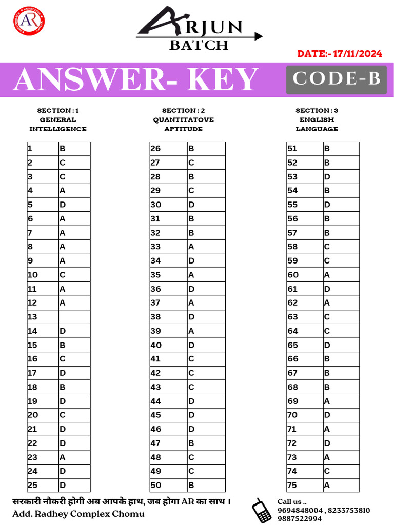 Code, B (Arjun Batch) Answer Key | PDF