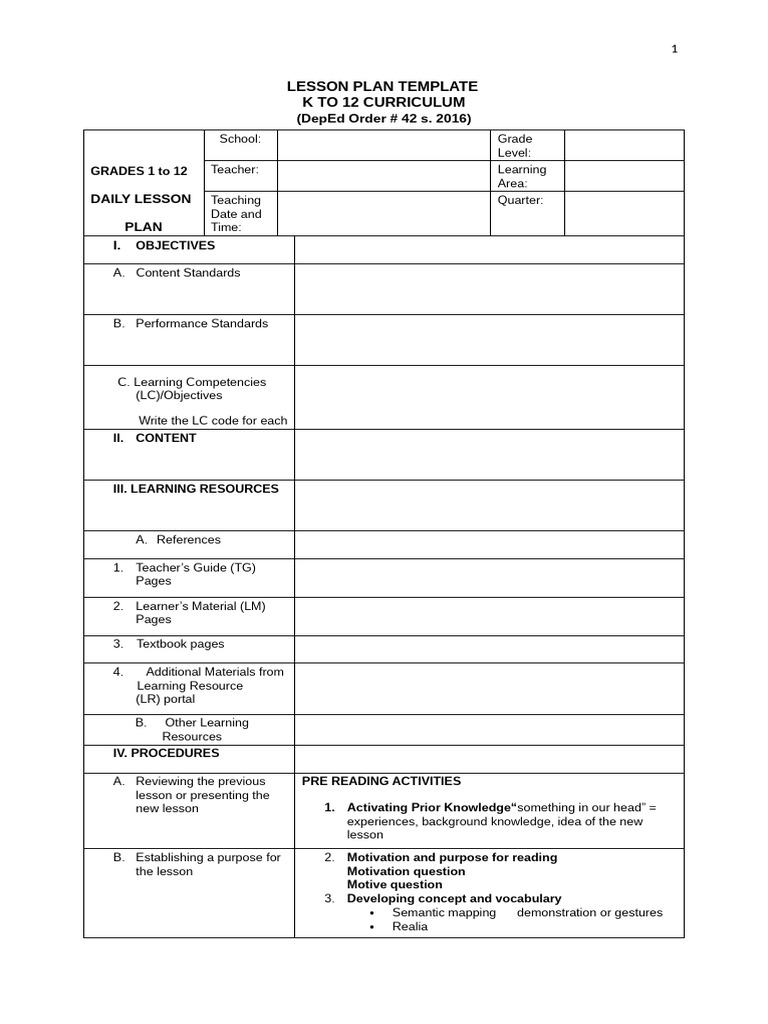 Daily Lesson Plan Template K-12 | PDF | Learning | Lesson Plan