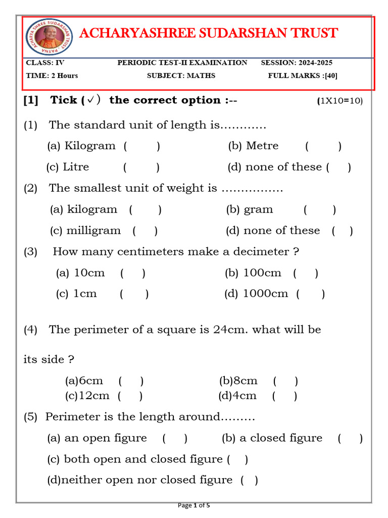 PT II std4 Question Paper Maths | PDF | Units Of Measurement | Metrology