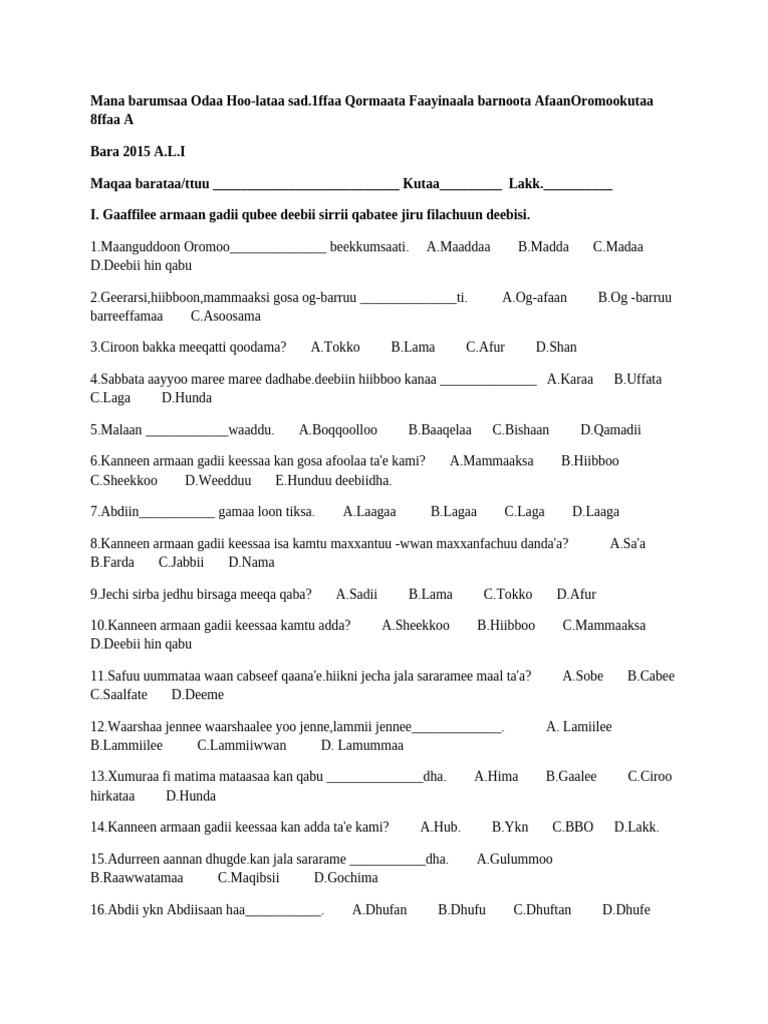Afaan Oromoo Kutaa 8ffaa A | PDF