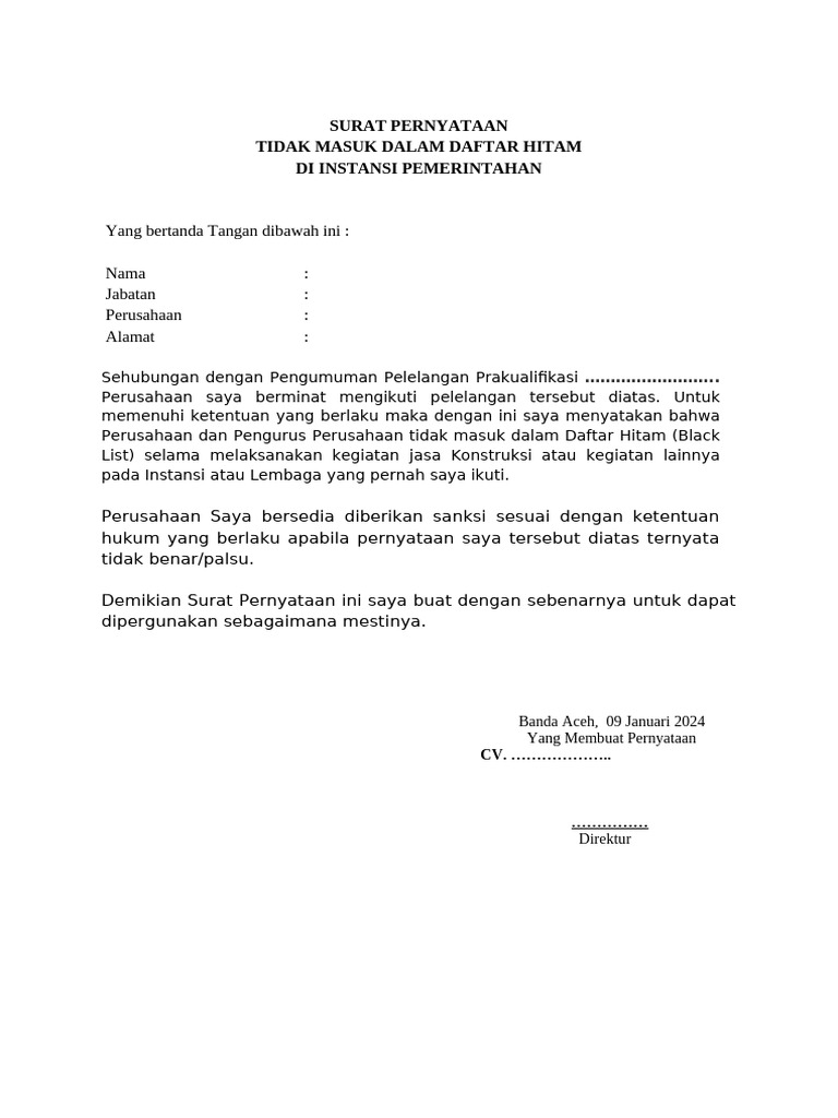 Surat Pernyataan Tidak Masuk Daftar Hitam | PDF
