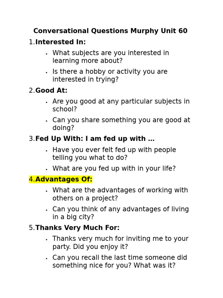 Conversational Questions Murphy Unit 60 | PDF