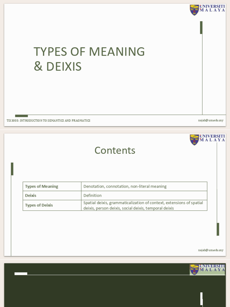 Week 4 Types of Meaning Deixis | PDF | Semantics | Linguistic Typology