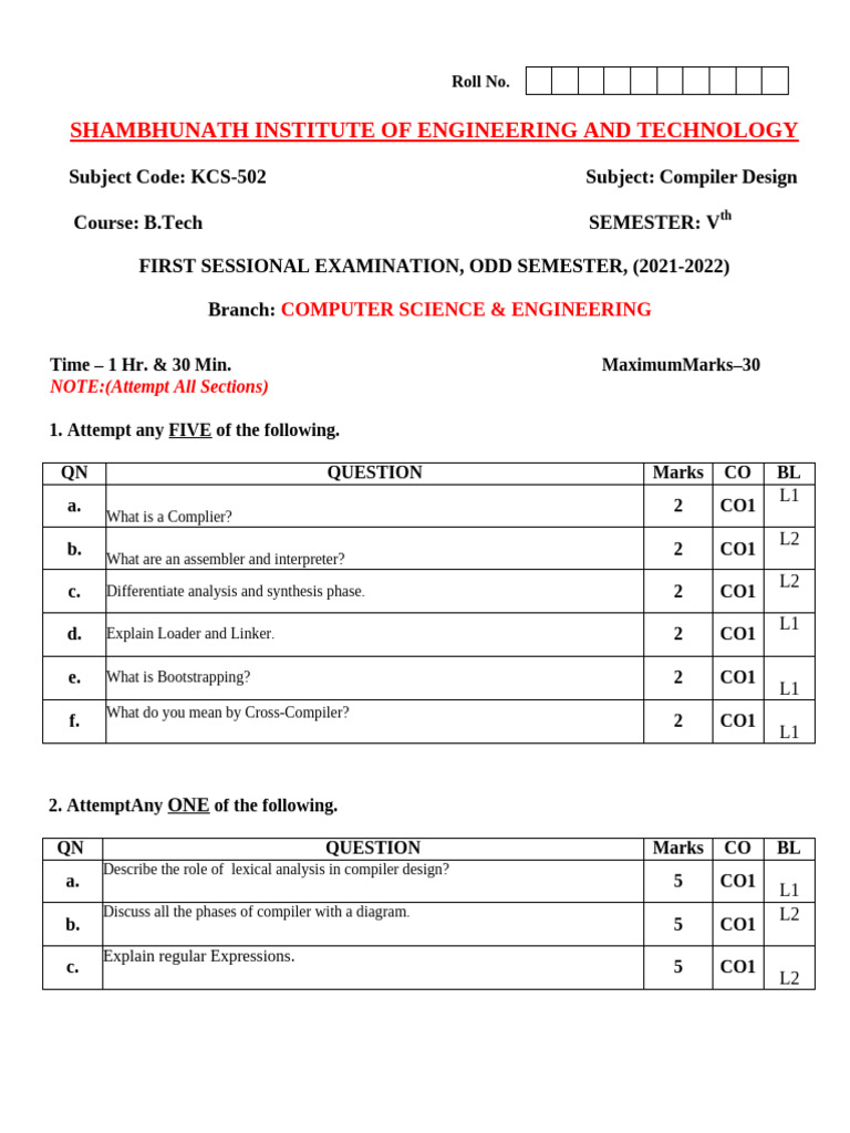 COMPILER DESIGNE1st Exam Paper 1 | PDF | Compiler | Implementation