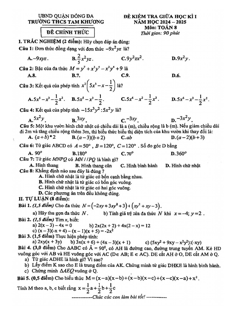De Giua Hoc Ki 1 Toan 8 Nam 2024 2025 Truong Thcs Tam Khuong Ha Noi | PDF
