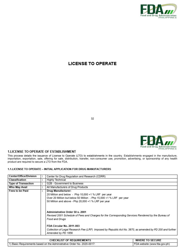 License To Operate LTO | PDF | Food And Drug Administration