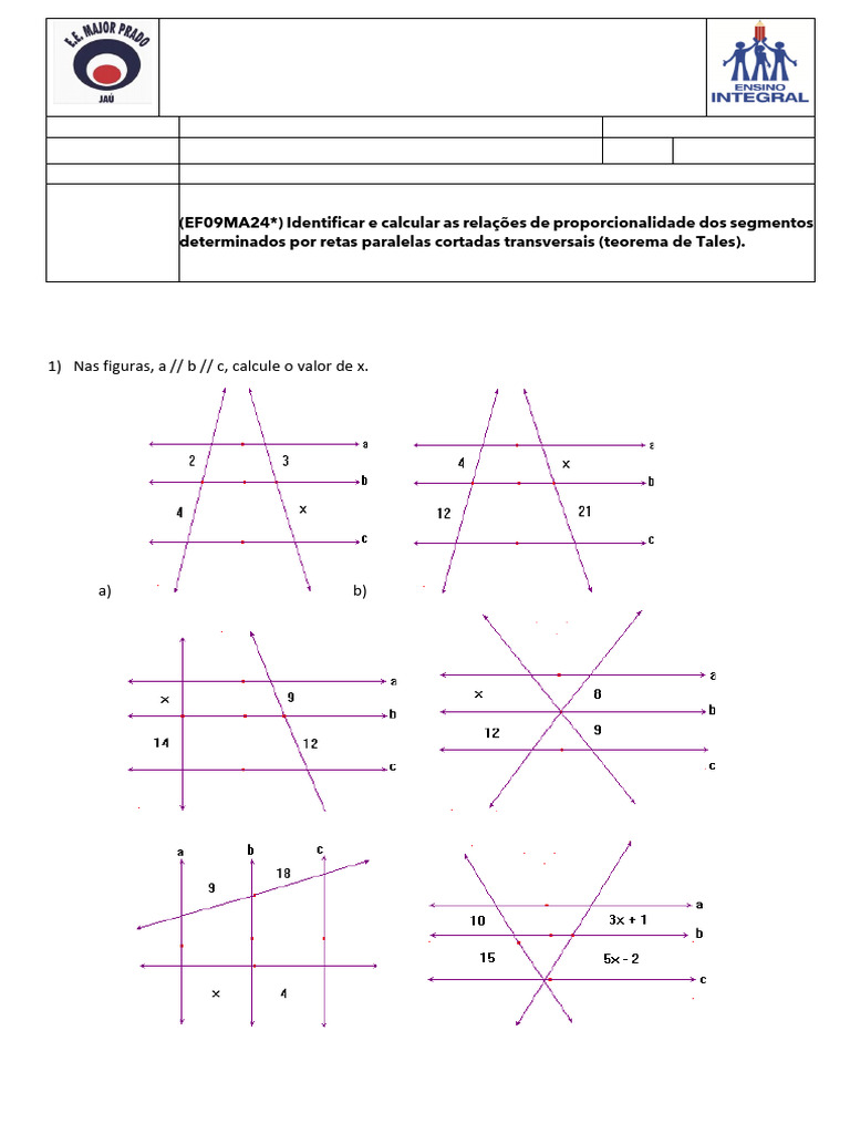 Lista de Exercicios Teorema de Tales | PDF
