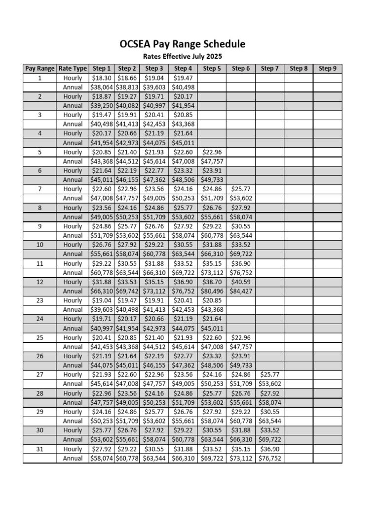 OCSEA Pay Table - FY26 | PDF
