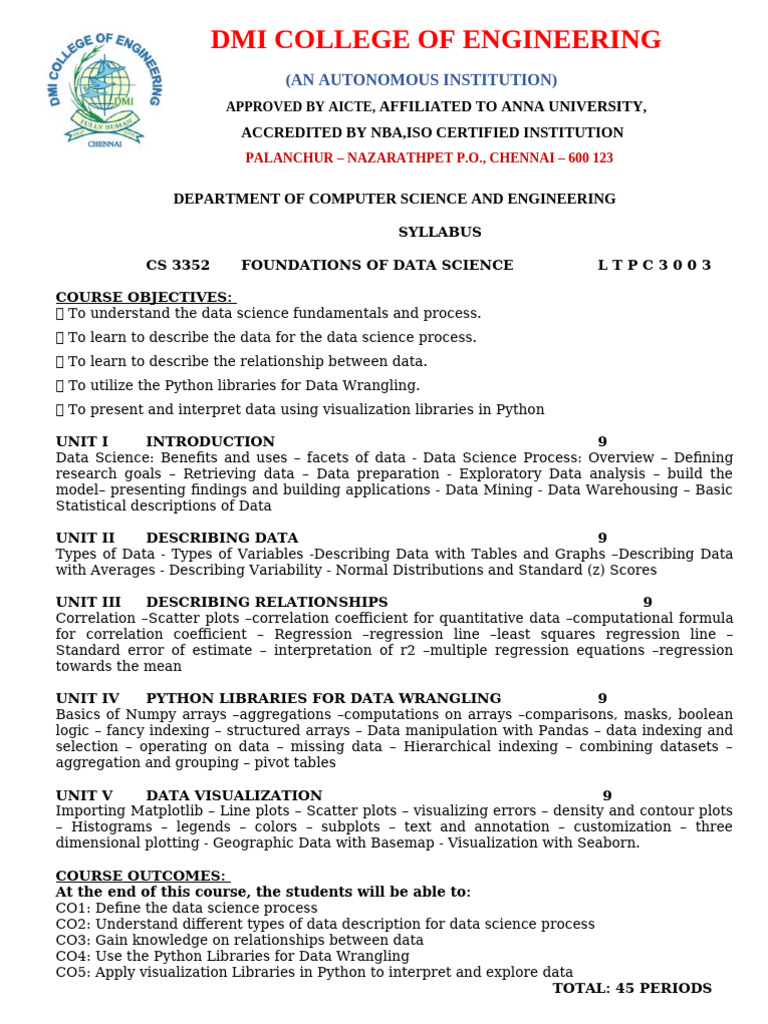 CS 3352 Foundations of Data Science Syllabus | PDF | Regression Analysis | Linear Regression