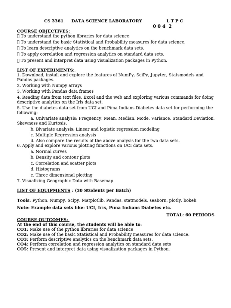 CS 3361 Data Science Laboratory Syllabus | PDF