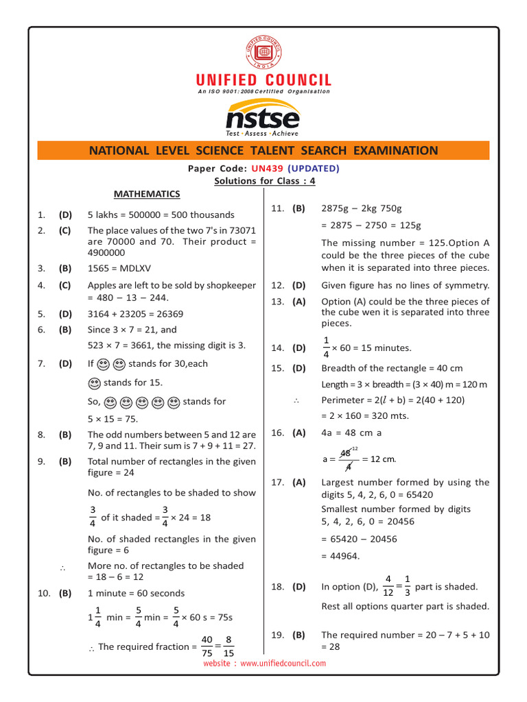 CL - 4 - NSTSE-2018-Paper-439 Key-Updated PDF | PDF | Rectangle | Length