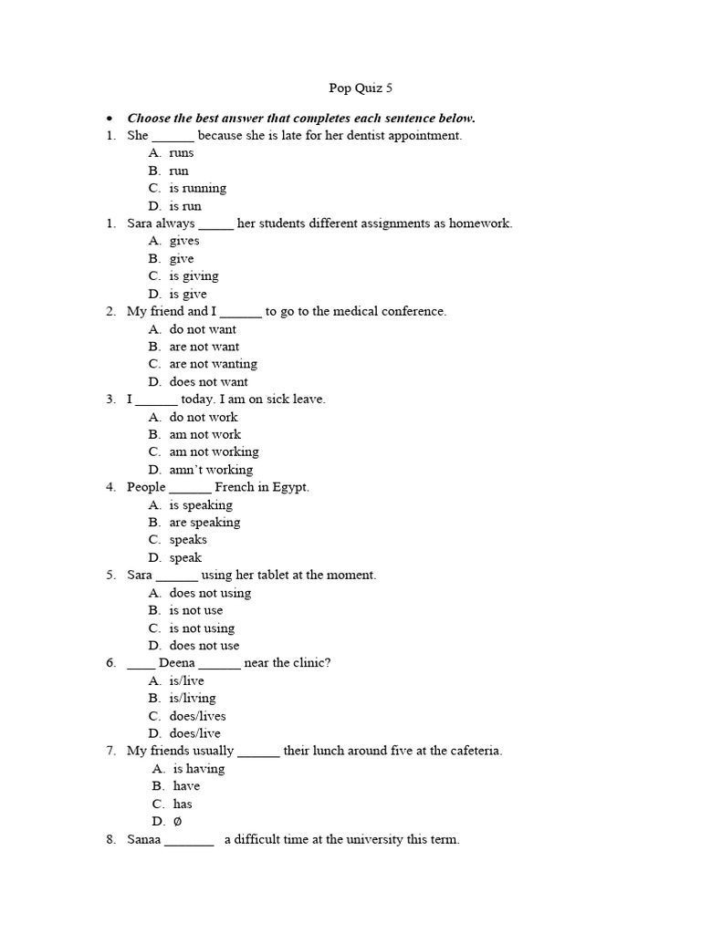 English Grammar Pop Quiz 5 | PDF