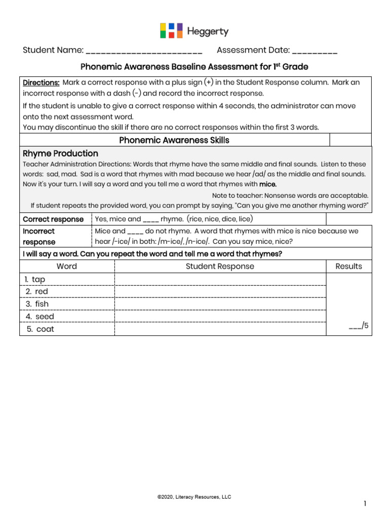 1st Grade Phonemic Awareness Assessment | PDF | Phoneme | Learning