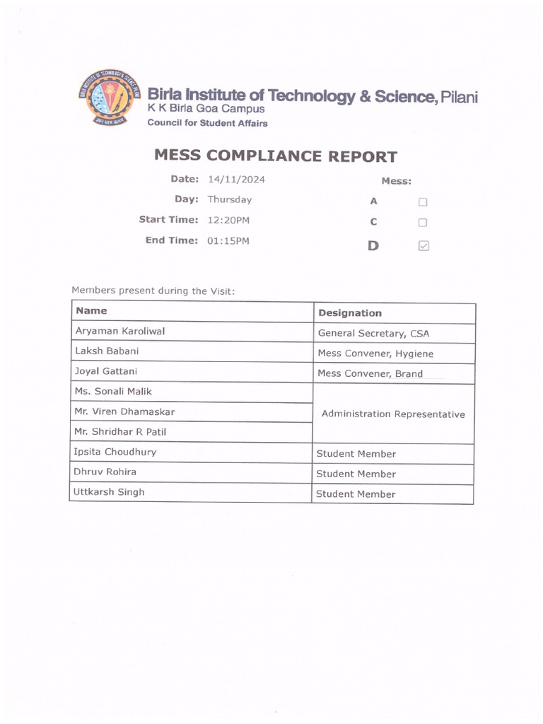 Mess Compliance Report | PDF