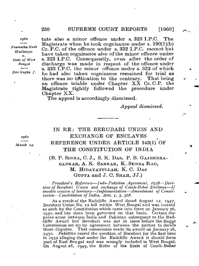 Berubari Union (I), in Re, (1960) 3 S.C.R. 250 | PDF | Sovereignty | Treaty