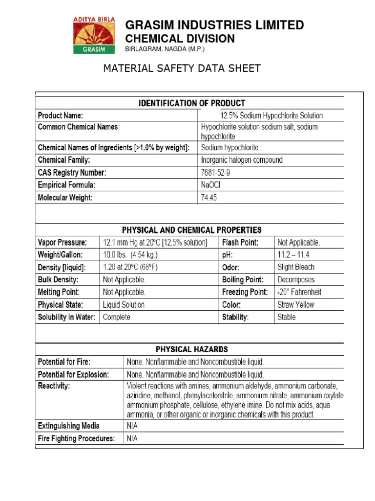 Sodium Hypochlorite MSDS Overview | PDF