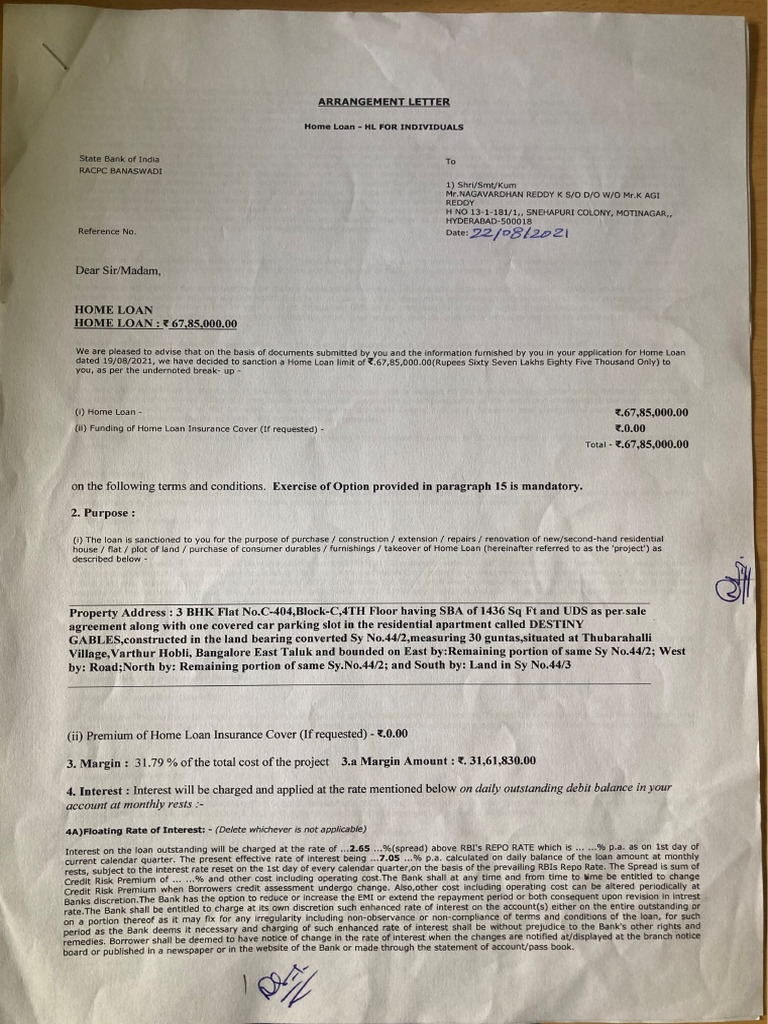 Arrangement Letter From Sbi | PDF