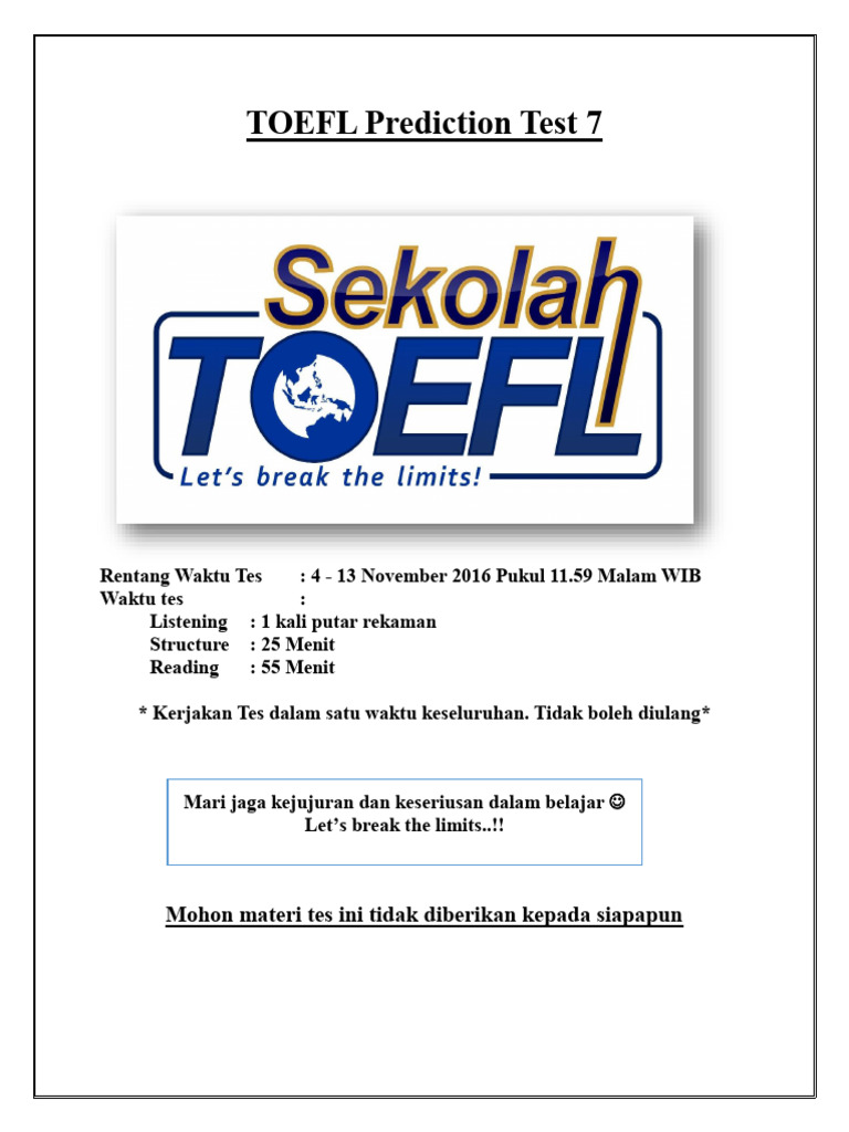 Toefl Prediction Test 7 | PDF | Test Of English As A Foreign Language